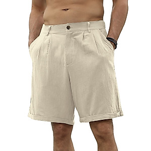 Men's Linen Casual Beach Shorts Cotton Classic Summer Shorts with Buttons Elastic Waist Khaki