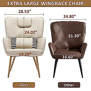 FERFALDER Upholstered Wingback Chair, Accent Chair with Ottoman, Comfy Living Room Chairs, Faux Leather Arm Chairs for Living Room, Bedroom, Office and Study, Beige