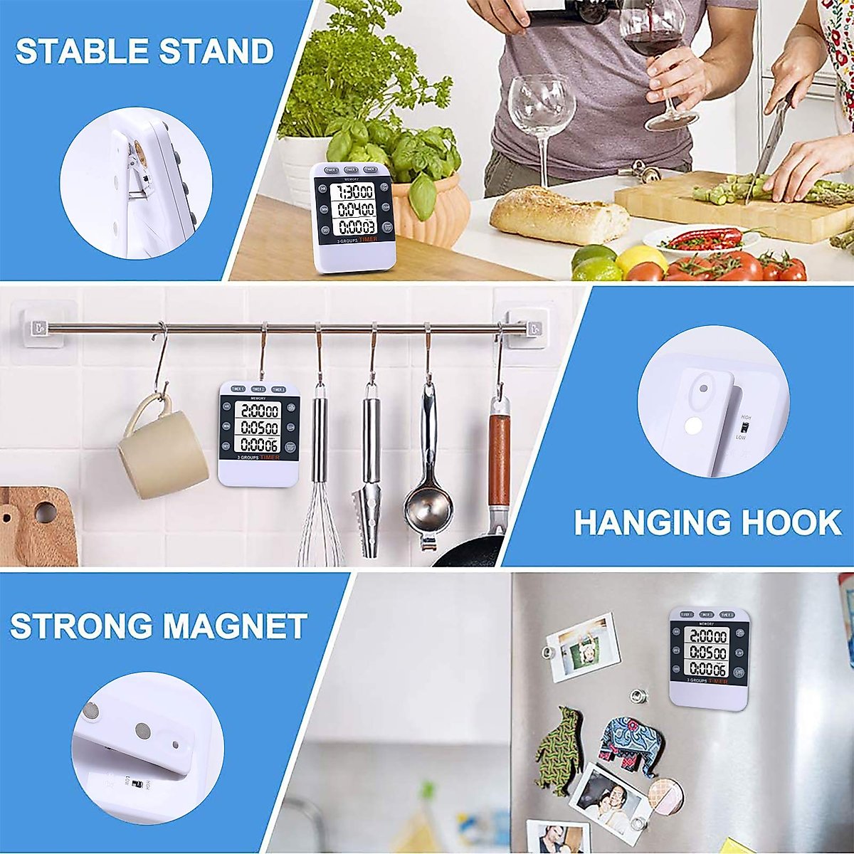 HomeMall Digital Dual Kitchen Timer, Cooking Timer, 3 Channels Count Up ＆ Down Timer with Magnetic Back, Large Display, Adjustable Volume, ON/Off Switch Stopwatch, Battery Included