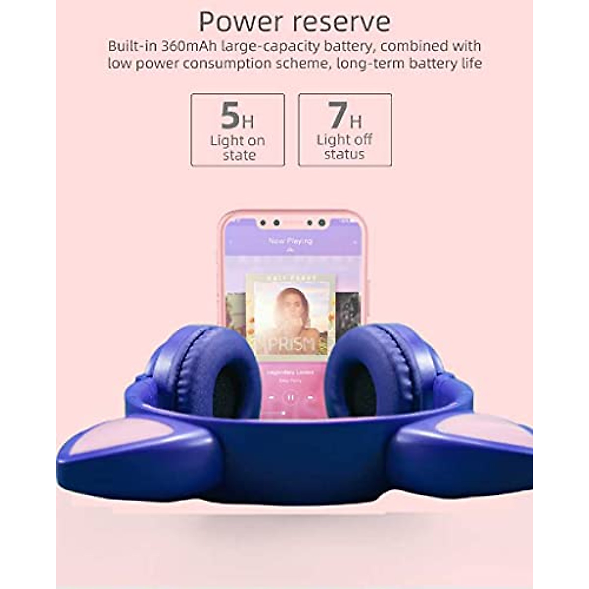 Asmi Bluetooth Headphones, Wireless Cat Ear Headphones LED Light Up Wireless Headphones Over Ear, Foldable & Lightweight Stereo Wireless Headset for Travel Work TV PC Cellphone (Purple)