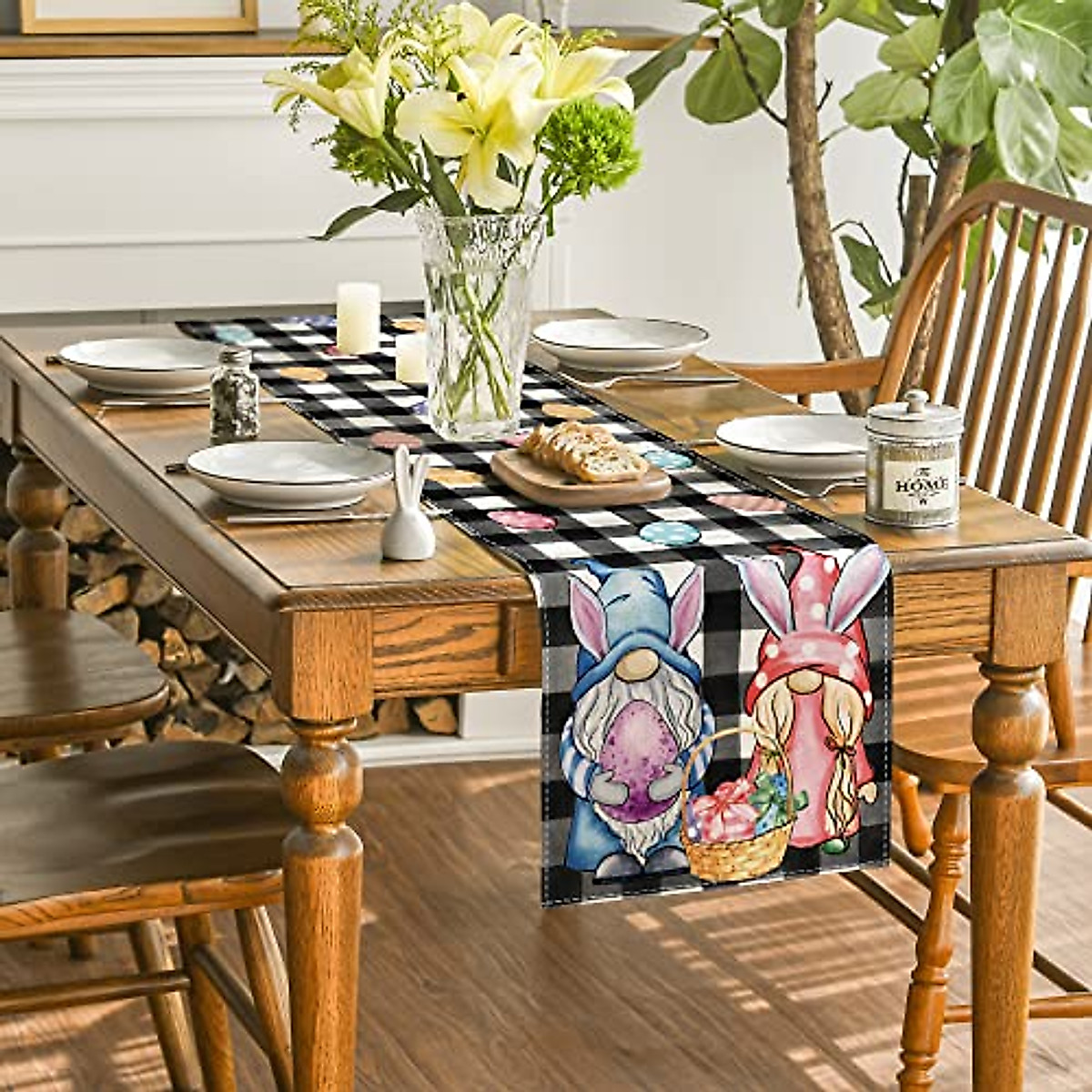 Artoid Mode Buffalo Plaid Bunny Gnomes Eggs Easter Table Runner, Spring Summer Seasonal Holiday Kitchen Dining Table Decor for Indoor Outdoor Home Party Decoration 13 x 72 Inch