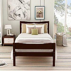 Anwickmak Twin Bed Frames with Headboard and Footboard, Wood Platform Kids Twin Bed, Single Bed Frame with Slat Supports, No Box Spring Needed (Espresso)