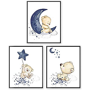 BDA36-Z Set of 3 poster丨Nursery children's room Bear Moon Star Decor Wall Art Poster丨Cute Modern Nordic Home Decor Poster blue painting art丨for Boy Girl Kids Room Playroom丨8x10 inch Unframed