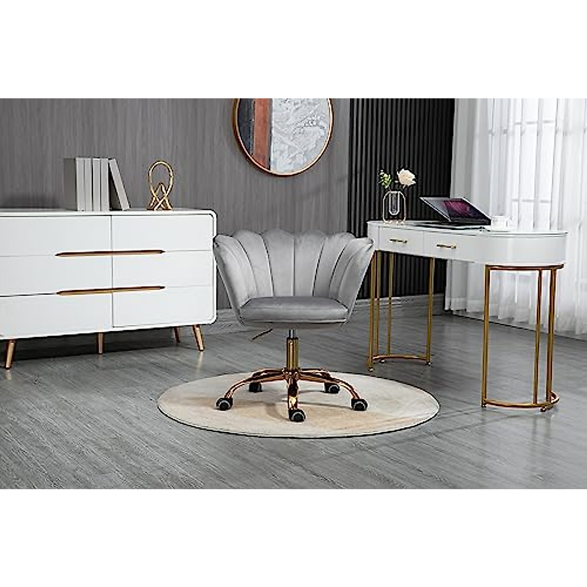 ZOBIDO Comfy Home Office Task Chair with Wheels, Cute Modern Upholstered Velvet Seashell Back Adjustable Swivel Vanity Desk Chair, for Women, for Girls, Living Room, Bedroom (Grey)