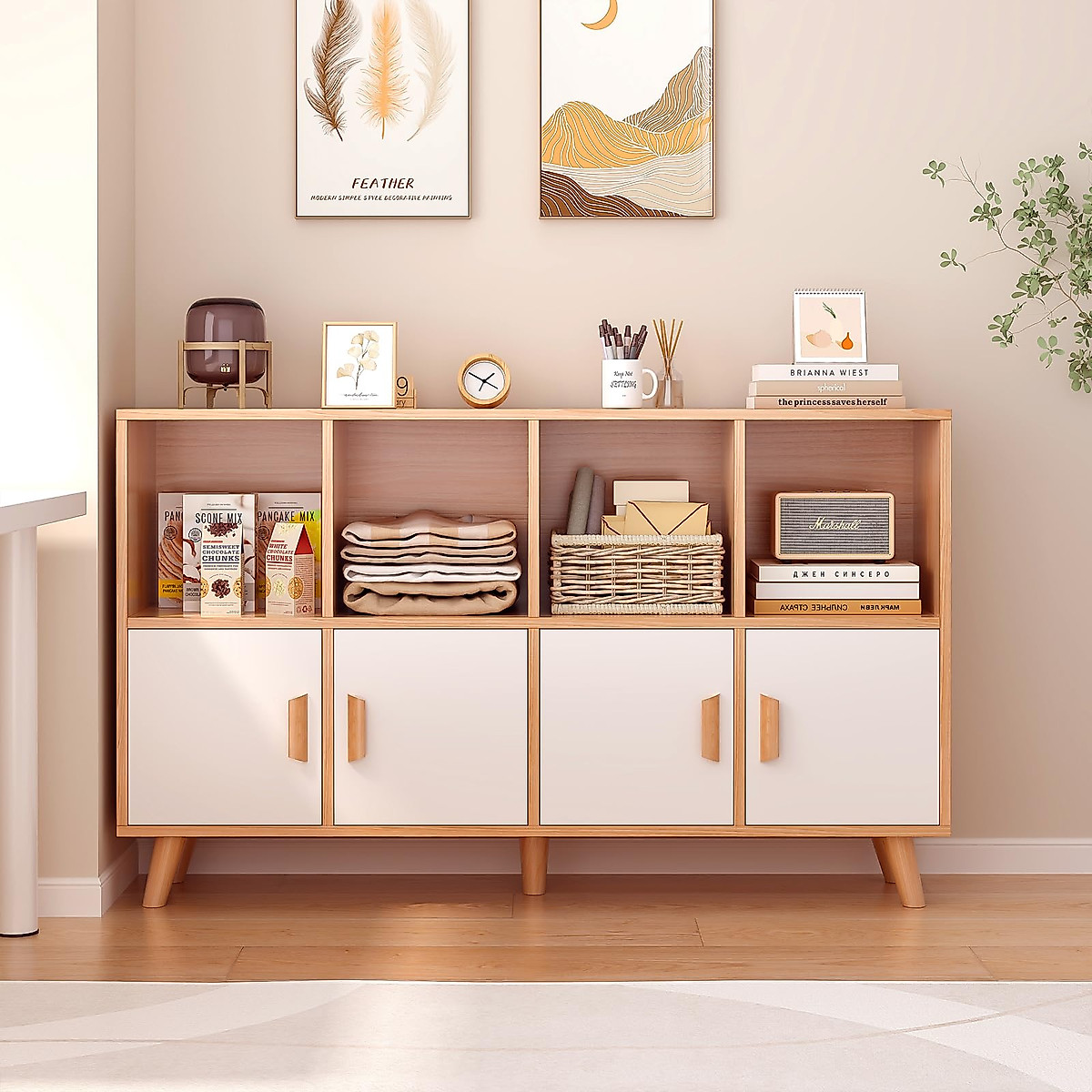 OSCHF Cubby Shelf Bookcase with Doors - Wooden 8 Cube Floor Standing Open Bookshelf with Solid Wood Legs, 2-Tier Low Storage Cabinet, Oak and Warm White