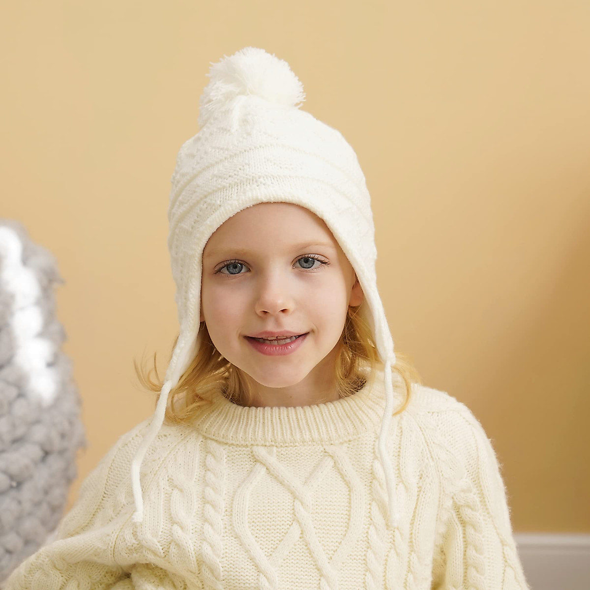 Connectyle Toddler Boys Beanies with Ear Flaps Kids Pompom Beanie Hat Fleece Lined Knit Winter Skull Caps M White