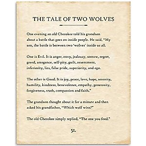 The Tale of Two Wolves Cherokee Poster - 11x14 Unframed Native American Book Page Print - Great Motivational and Inspirational Gift for Home and Office Native American Decor Under $15