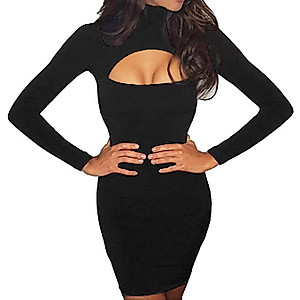 Haola Women's Long Sleeve Cut Out Front Sexy Club Bodycon Dress Party Mini Bandage Dress M Black