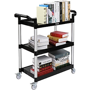 3-Tier Commercial Utility Cart with Wheels, Heavy Duty Rolling Plastic Service Cart, 390 lbs Capacity for Foodservice, Restaurant, Cleaning, Workplace (33.8'' x 16.5'' x 35.8'')