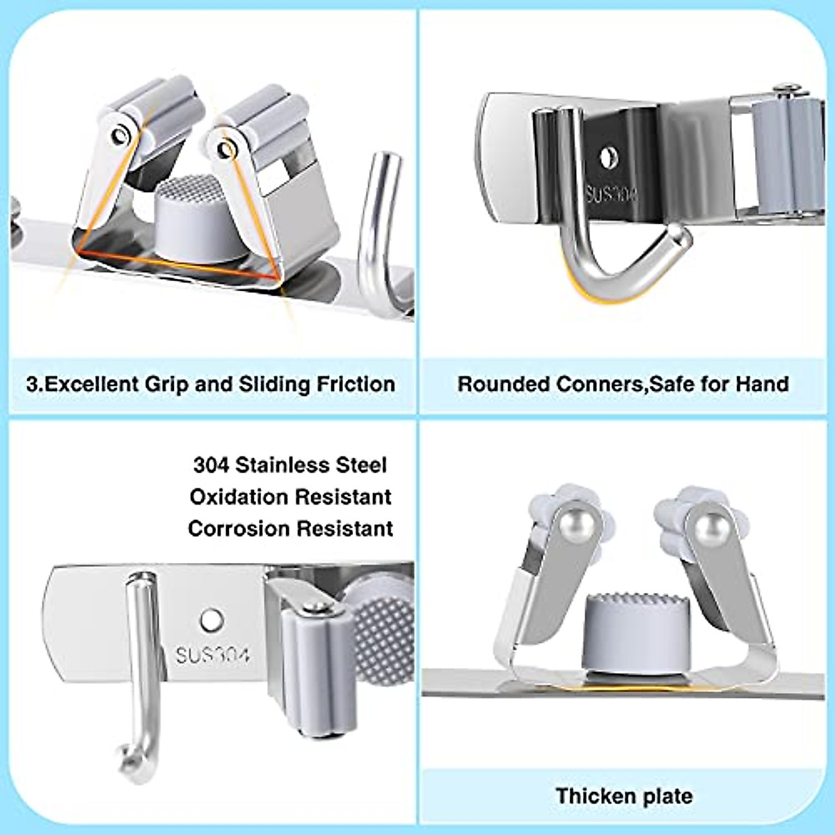 Rose Kuli 2 Pack Mop and Broom Holder, Wall Mounted Organizer Mop and Broom Storage Tool Rack with 6 Ball Slots and 8 Hooks for Garage, Garden, Laundry Room