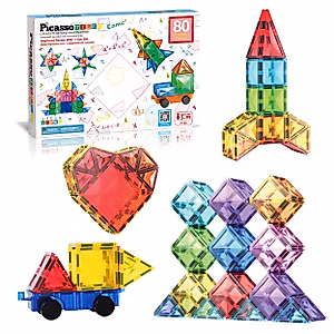 PicassoTiles 80 Pieces Magnetic Building Tiles Magnet Toys Diamond Educational Playset for STEM Sensory Gifts Kid Brain Development Stacking Blocks Construction Set
