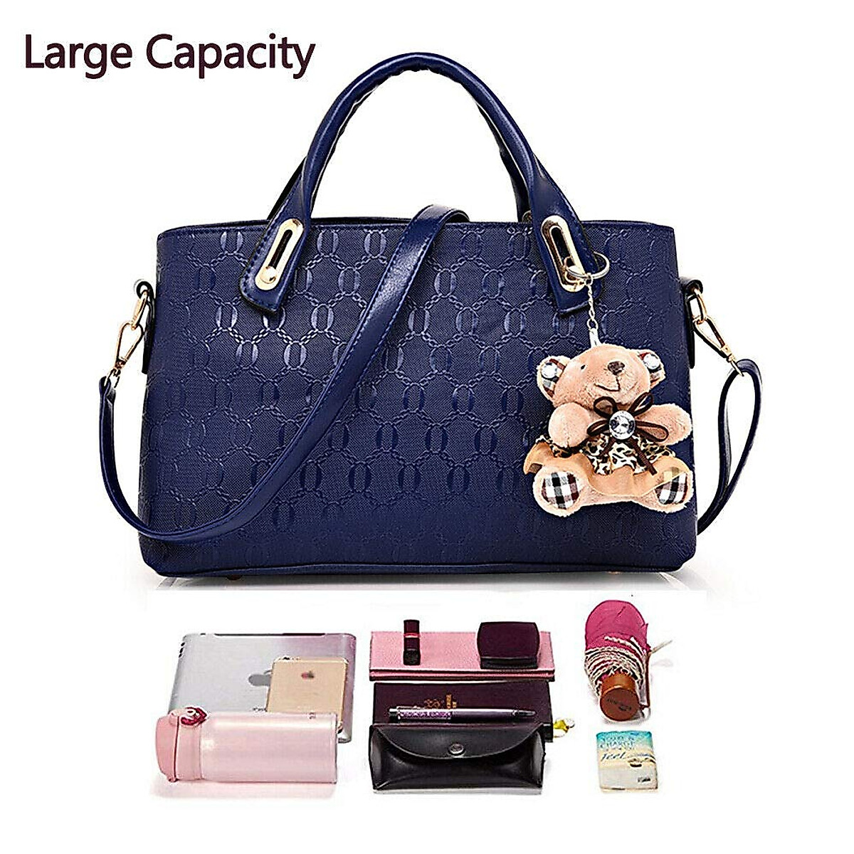 Women Ladies Leather Handbag 4pcs set Shoulder Tote Purse Satchel Messenger Bag (Dark Blue) (Dark Blue)
