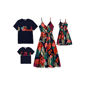 PATPAT Family Matching Outfits Mommy and Me Dresses Matching Set Tropical Floral Palm Leaf Print Sun Maxi Dresses Matching Hawaiian Outfits for Couples Vacation Beach Red Floral Outfit for Women M