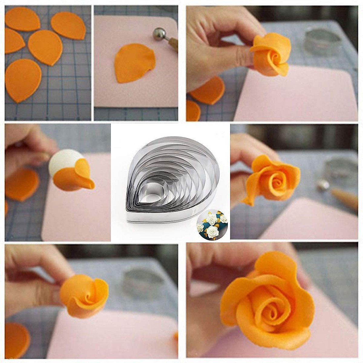 18pcs Gumpaste Flower Mold Austin Rose Petal Calyx Leaf Cutter Set Sugarcraft Fondant Modelling Tools for Cake Decorating, Chocolate, Soap, Gum paste