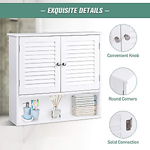 Tangkula Bathroom Wall Cabinet, Wooden Hanging Medicine Cabinet with Double Shutter Doors and Adjustable Shelf, Wall Mounted Bathroom Cabinet with Open Shelf, 26 x 8.5 x 25 Inches, White
