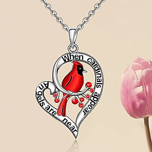 Cardinal Necklace Heart Red Bird Spiritual Memorial Engraved When Cardinal Appear Angels are Near Dainty Inspirational 925 Sterling Silver Animal Necklaces for Loss of Loved Heart