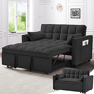 Rovibek 3 in 1 Sleeper Sofa Bed, Pull Out Couch, Convertible Futon Loveseat with krest, Dinotefuran Living Room Chaise Lounr Home Apartment Office, Black