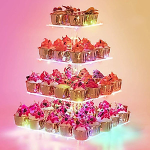 YestBuy 3 Tier Shelf Cake Pop Stand (Blue) + 4 Tier Premium Cupcake Holder – Acrylic Cupcake Tower Display – Cady Bar Party Décor – Acrylic Display for Pastry Weddings, Birthday(Colorful Light)