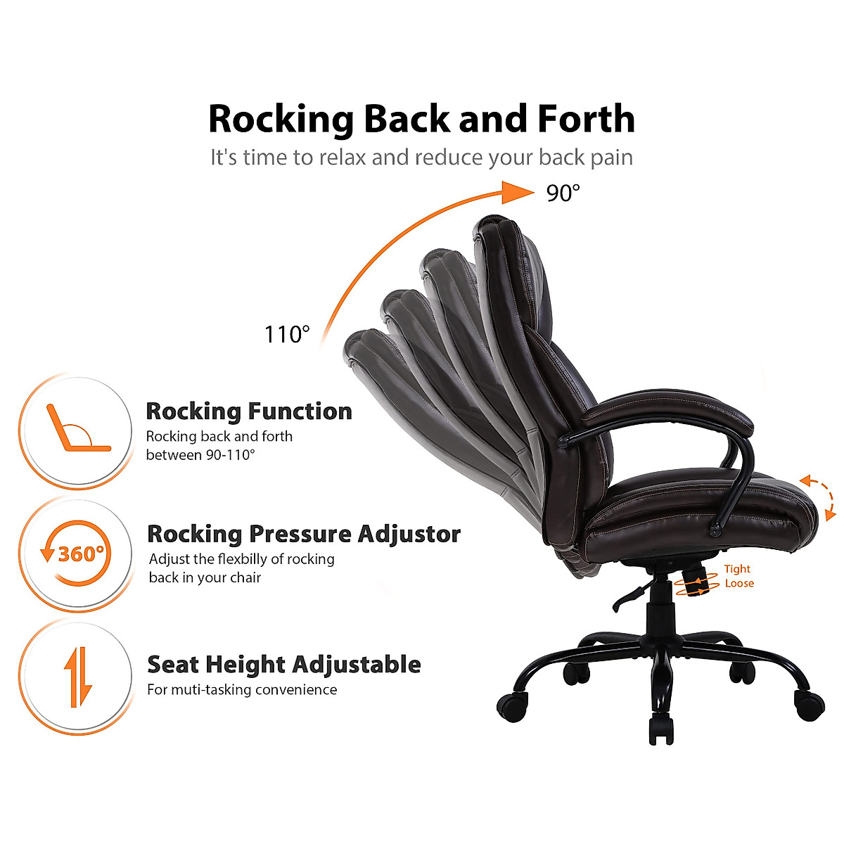 Big and Tall Office Chair-500lbs Executive Massage Office Chair, PU Leather Adjustable Height Computer Desk, Ergonomic Task Chair with Massaging Lumbar Support Home Office Desk Chairs, Brown