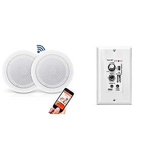 Pyle Pair 8" 2-Way Universal Home Speaker System - 250W Bluetooth Flush Mount in-Wall in-Ceiling w/ 100W Bluetooth Receiver Wall Mount, Built-in Amplifier & USB, Microphone, Aux (3.5mm) Input