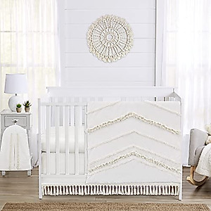 Sweet Jojo Designs Ivory Boho Chic Boy Girl Baby Crib Bedding Set Infant Nursery Room Solid Color Beige Cream Gender Nuetral Bohemian Modern Farmhouse Designer Unisex Tassel Fringe Macrame Cotton