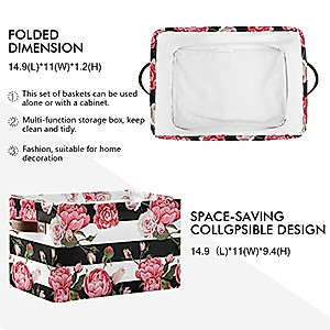 Oyihfvs Floral Peony and Roses Flowers On Black White Stripes Square Shelves Storage Basket Bin, Waterproof Laundry Hamper Bucket, Baby Nursery Organizer with Handles for Toys Clothes Room Closets