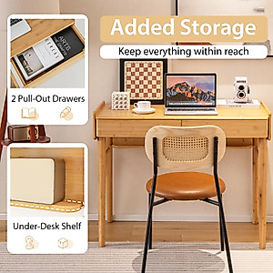 Tangkula Bamboo Mid Century Desk with 2 Storage Drawers, Home Office Study Writing Desk with Shelf & Cable Management Groove, Home Office Desk for Working & Learning