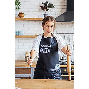 Cute Black Kitchen Bib Apron For Women and Men - With 2 Pockets and Graphic - Multi-sized - For Chefs and Home Cooking - Water Resistant - Gift Box Cooking Ninja Apron for Women