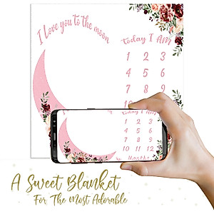 TERSUM Moon Flowers Baby Monthly Milestone Blanket, 48x48in I Love You to The Moon and Back Blanket Soft Flannel Newborn Gift,Gender Neutral Nursery Decor Baby Months Growth Chart Blanket BTZZTE34