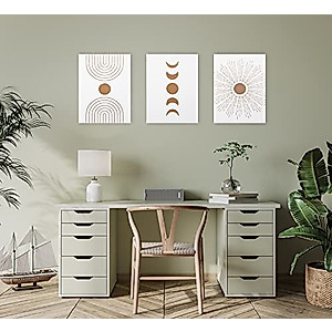 Boho Wall Art Set Of 3 Decor. Ready To Hang Framed Sun and Moon Phase Canvas Prints For Bedroom Living Room Bathroom Office. Minimalist Mid Century Modern Decor Bohemian Large 12"x16"