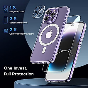 TAURI [5 in 1 Magnetic Case for iPhone 14 Pro [Military Grade Drop Protection] with 2X Screen Protector +2X Camera Lens Protector, Transparent Slim Fit Designed for Magsafe Case-Clear