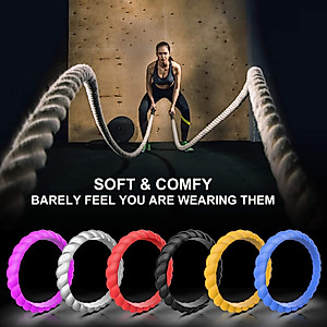 Zollen 12 Packs Silicone Wedding Rings for Women, Thin Braided Rubber Wedding Bands Stackable Ring, Hypoallergenic Silicone, Size 6