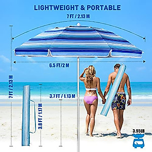 Beach Umbrella for Sand Wind Portable: 7FT Arc Length 6.5FT Diameter Heavy Duty Wind Resistant Striped Large Umbrellas UV 50+ Parasol with Anchor Screw Adjustable Height Tilting Pole 8 Ribs Carry Bag Lightweight
