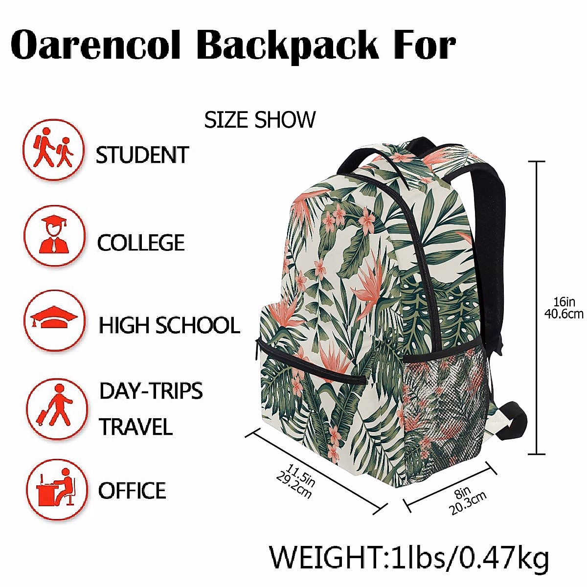 Oarencol Tropical Palm Leaves Flower Backpacks Pink Florals School Book Travel College Shoulder Bag for Women Girls Men Boys