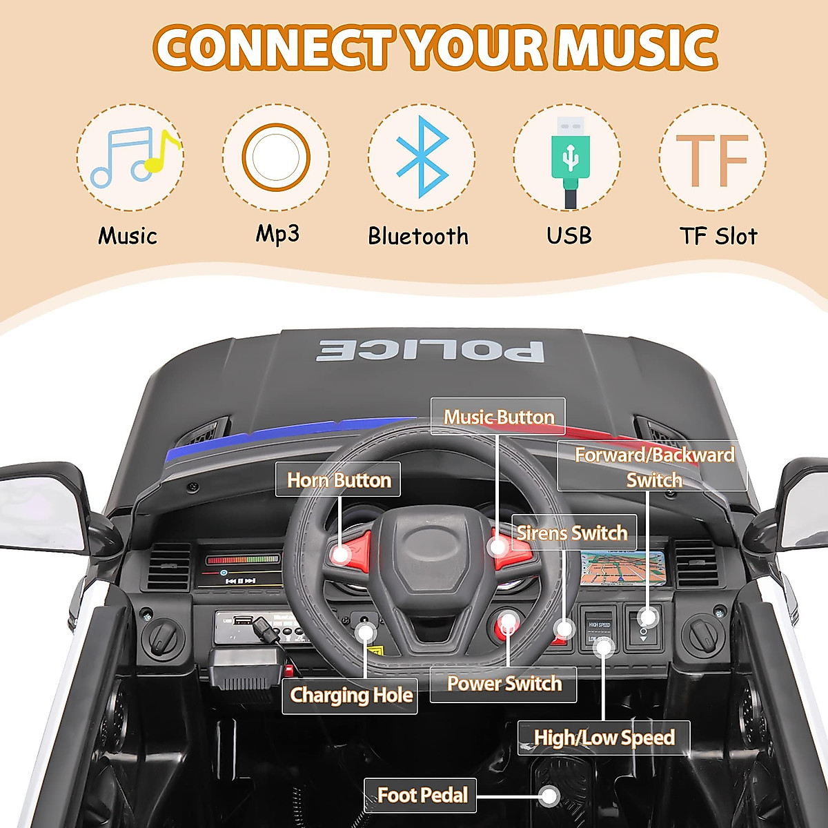 Police Car Ride On TOBBI Kid Car Cop Car for Kids to Drive with Parent Remote 12V Big Police Car Toys for Boys Toddler Electric Police Cars for Kids Ages 3-6 with Lights and Siren, Black