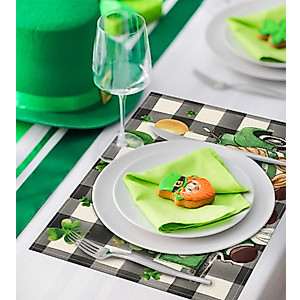 St. Patrick's Day Gnomes Placemats Set of 4,12x18 Inch Gnomes with Truck Buffalo Plaid Shamrock Heat-Resistant Place Mats,Green Irish Table Decors for Seasonal Farmhouse Kitchen Dining Holiday Party