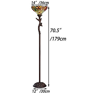 Bieye L10768 Grape Tiffany Style Stained Glass Torchiere Floor Lamp with 14 inches Lampshade, Bird on Branch Base, 70.5 inches Tall