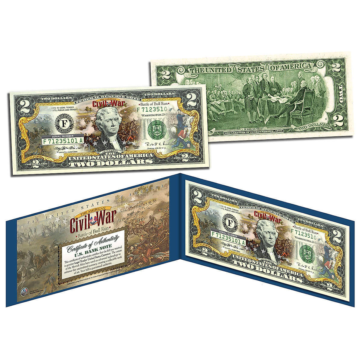 Battle of Bull Run American Civil WAR Collectible Art Two-Dollar Bill with Certificate