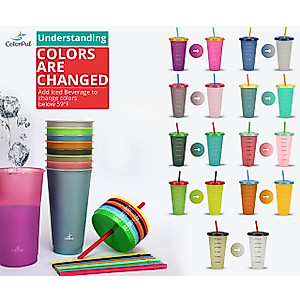 COLORPUL 24oz Plastic Tumblers - 9 Pack Color Changing Cups With Lids and Straws - Reusable Smoothie Cups for Kids