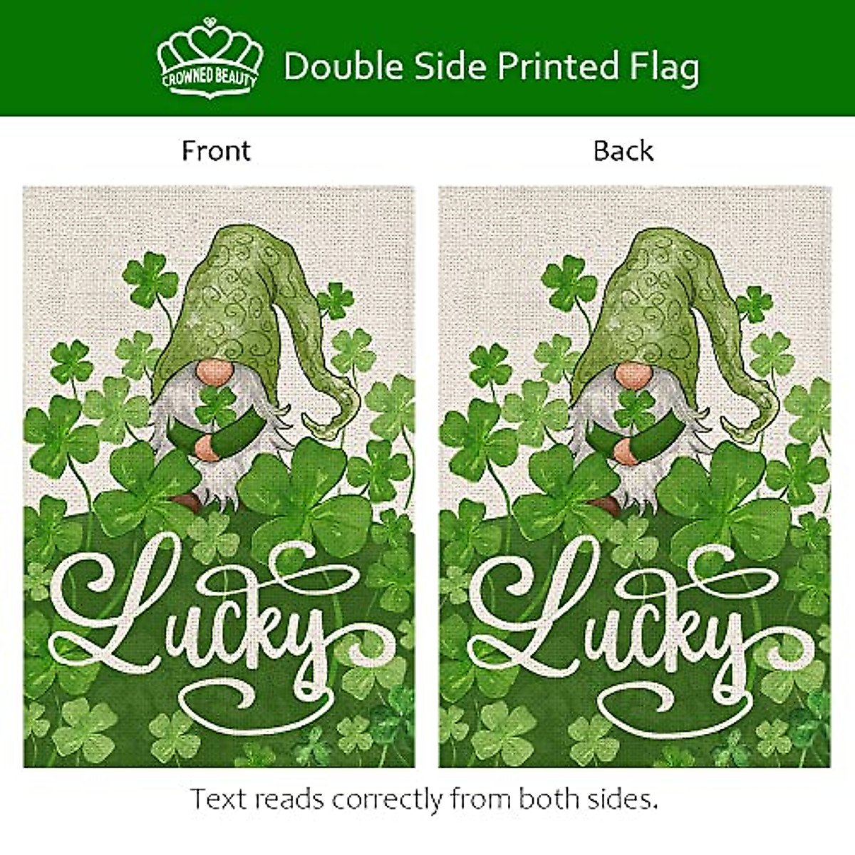 CROWNED BEAUTY St Patricks Day Garden Flag 12×18 Inch Double Sided Gnome Green Shamrocks Clovers Lucky Outside Vertical Holiday Yard Decor