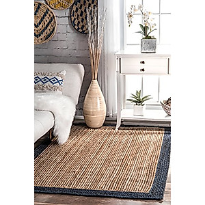 Rangneel Handloom Beige with Blue Border Handmade Rustic Rectanglular Jute Rug (8x11 Feet)