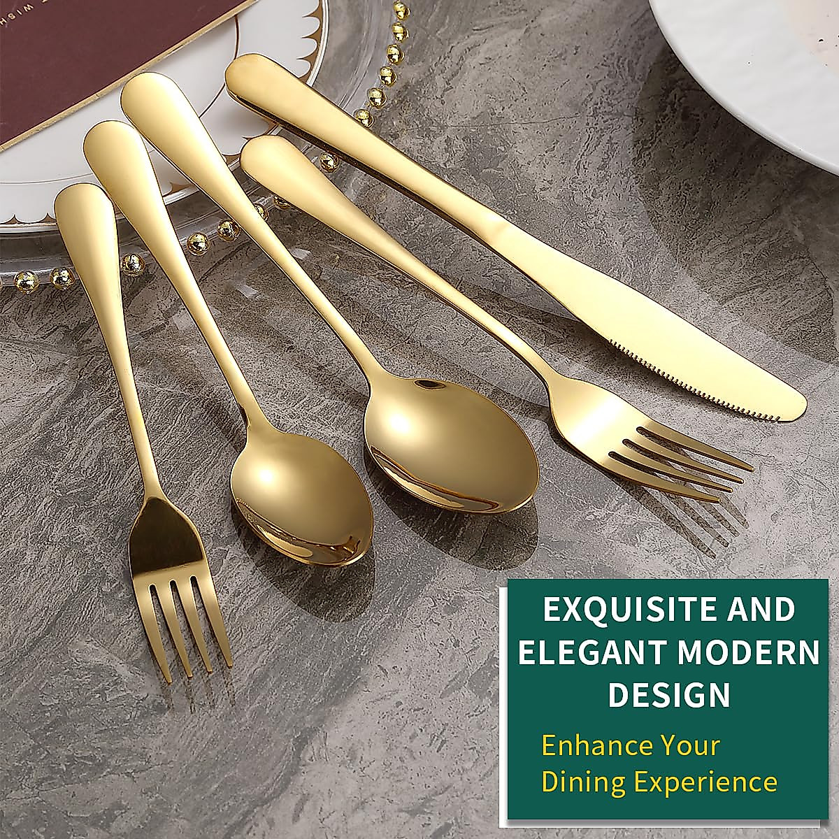Silverware Set 60 Pieces Service for 12, ReaNea Gold Flatware Set, Titanium Plating Cutlery Set Include Dinner Knives, Dinner Spoons, Dinner Forks, Teaspoons, Salad Forks, Dishwasher Safe