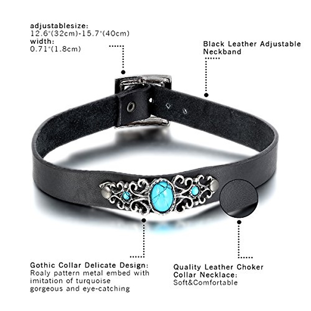 OIDEA Womens Antique Adjustable Buckle Leather Choker Collar Necklace,Imitation Turquoise Charm Collar with Gift Bag