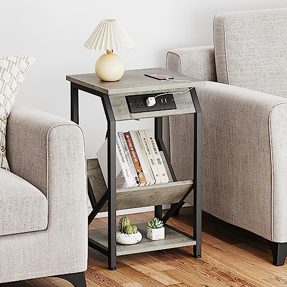 Amyove Charging Station End Table, Grey