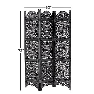 Deco 79 Wood Floral Handmade Hinged Foldable Partition 3 Panel Room Divider Screen with Intricately Carved Designs, 60" x 1" x 72", Black