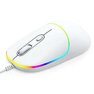 FENISIO Wired Mouse with Rainbow Backlit, LED Computer Mouse USB Wired Mouse with 6400 DPI, Ergonomic Office and Home Corded Mouse for Laptop, Desktop, MacBook, Windows PC (White)