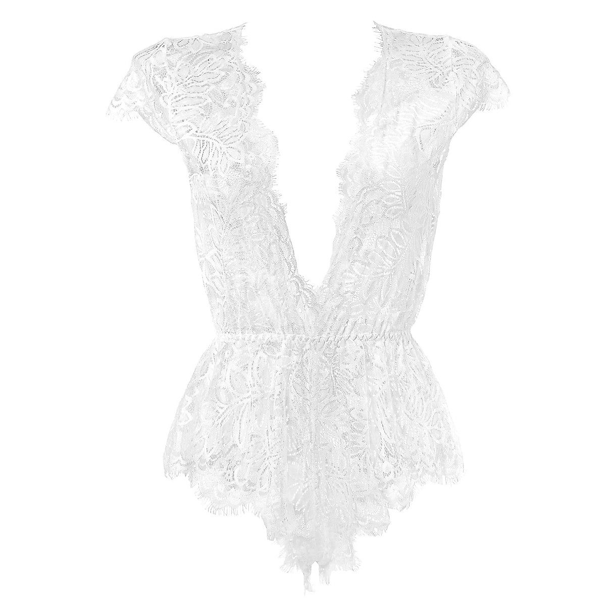 Anyou Womens Lingerie V-Neck Lace Bodysuit Mini Babydoll Featuring Plunging Eyelash Size XS-XXL White