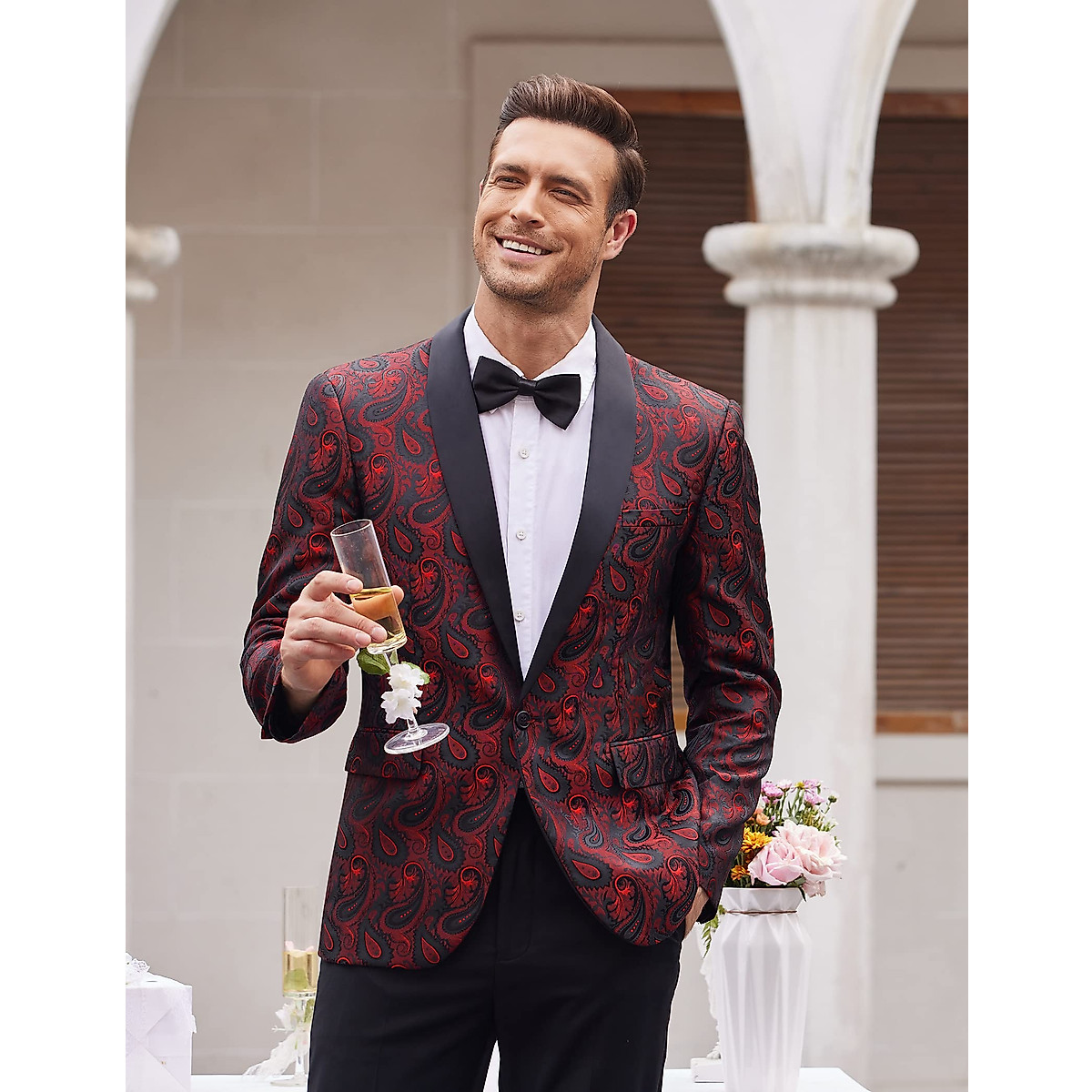 COOFANDY Mens Floral Tuxedo Jacket Paisley Shawl Lapel Suit Blazer Jacket for Dinner,Prom,Wedding Wine Red