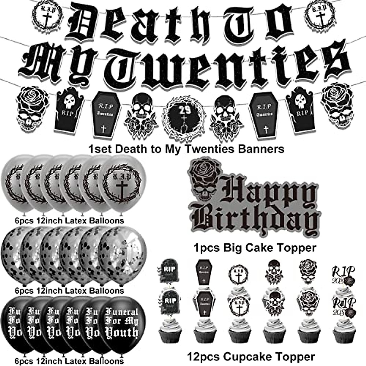 Death to My 20s Decorations 30th Birthday Decorations, Death to My 20s Party Supplies Including Birthday Banner Cake Cupcake Toppers Balloons, Funeral for My Youth Funny Thirtieth Birthday Party