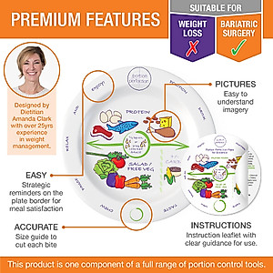 Bariatric Portion Control Plates Bowls Porcelain 8 Inch and with Clear Instruction Book, Meal Prep/Lunchbox Borosilicate Glass Containers and 100 Cal Snack Containers for Post-Surgery, Gastric Sleeve